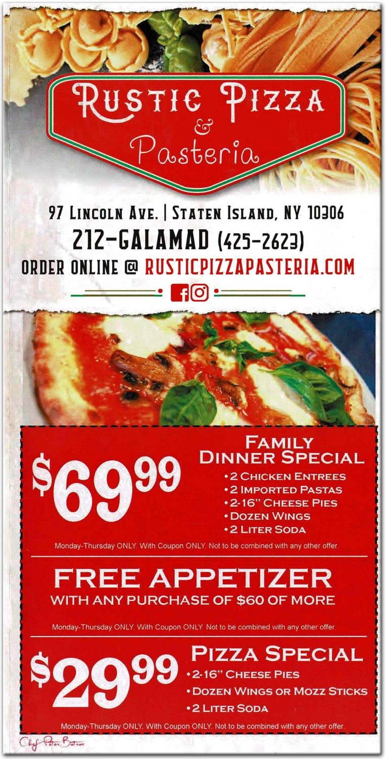 Rustic Pizza & Pasteria Restaurant in Staten Island / Official Menus ...