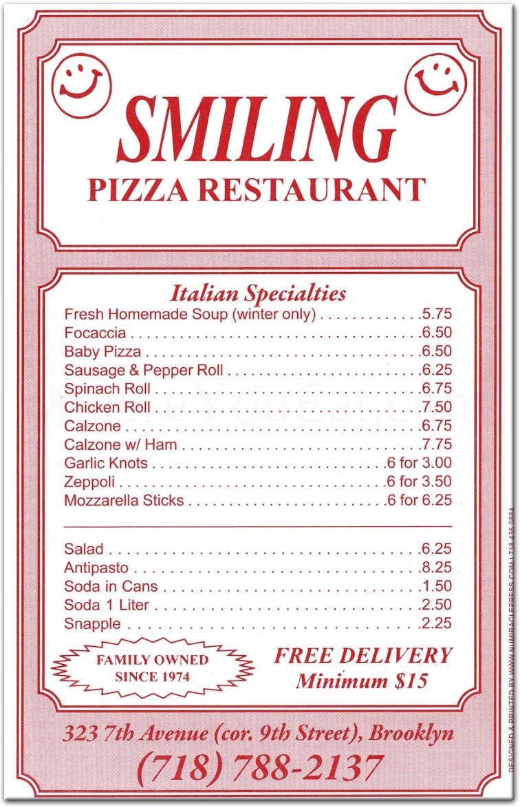 Smiling Pizza Restaurant in Brooklyn / Official Menus & Photos