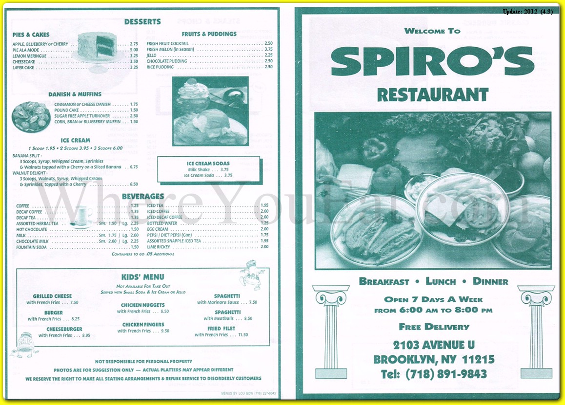 Spiro's Restaurant Restaurant in Brooklyn / Official Menus & Photos