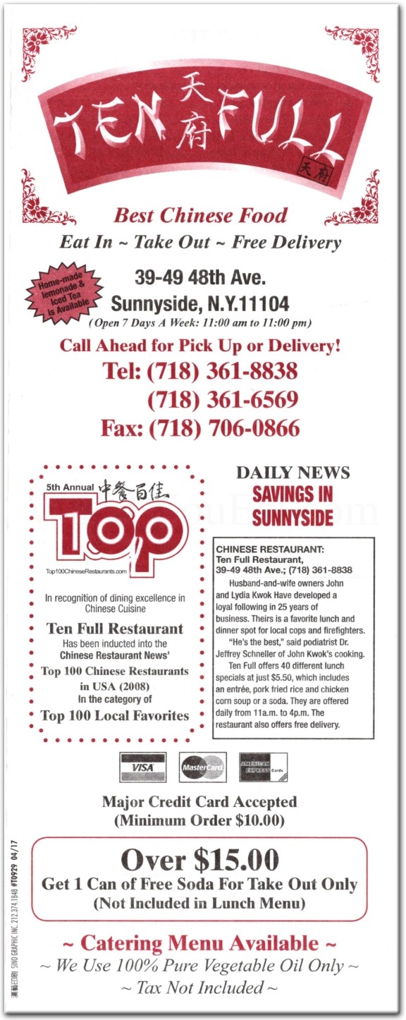 Ten Full Restaurant in Queens / Official Menus & Photos