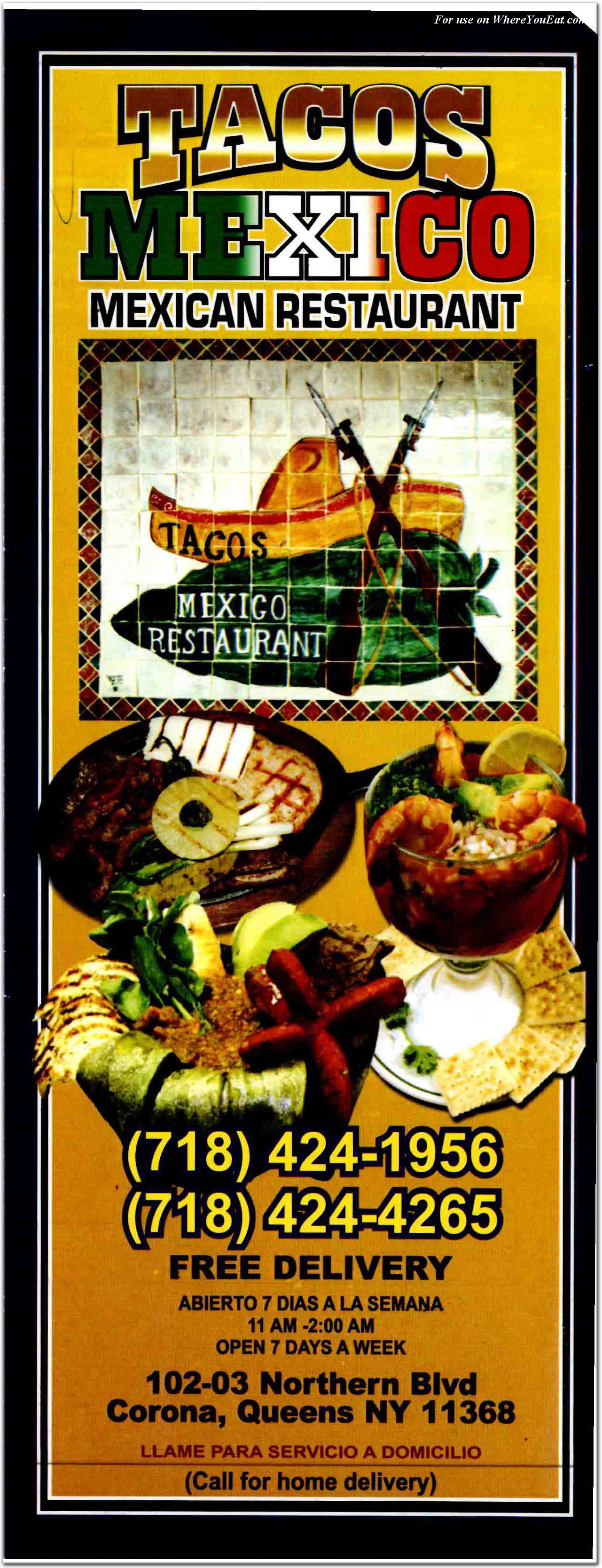 Tacos Mexico Restaurant in Queens / Official Menus & Photos