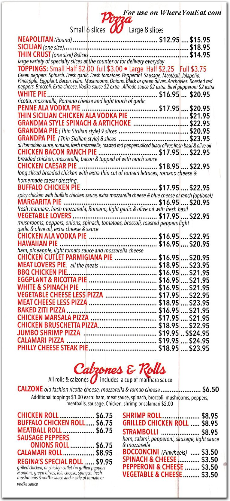 Regina's Pizzeria Restaurant in Queens / Menus & Photos