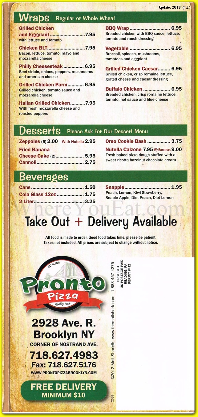 Pronto Pizza Restaurant in Brooklyn / Menus & Photos