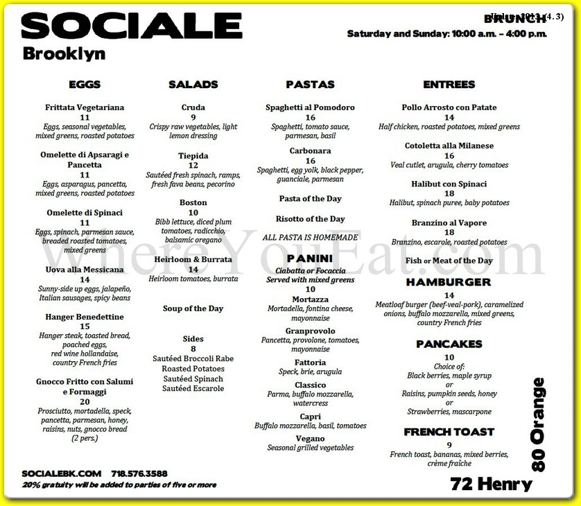 Sociale Restaurant in Brooklyn / Official Menus & Photos