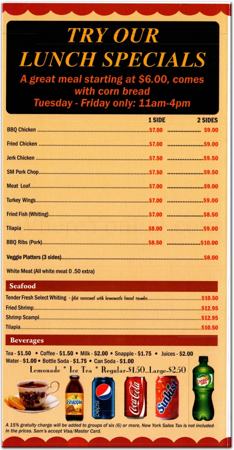 Sam's Soul Food Restaurant in The Bronx / Official Menus & Photos
