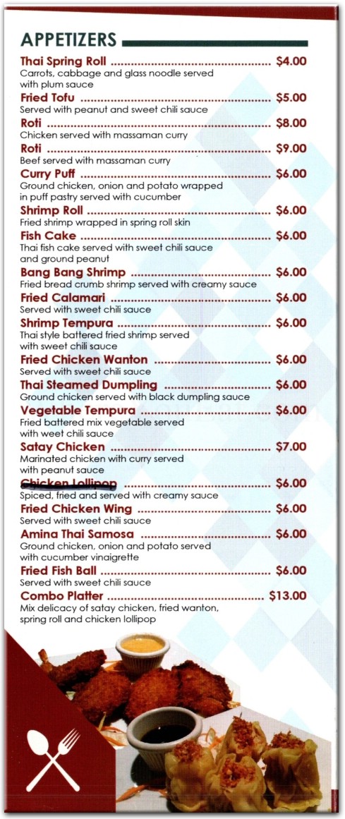 Amina Thai Restaurant in Queens / Official Menus & Photos