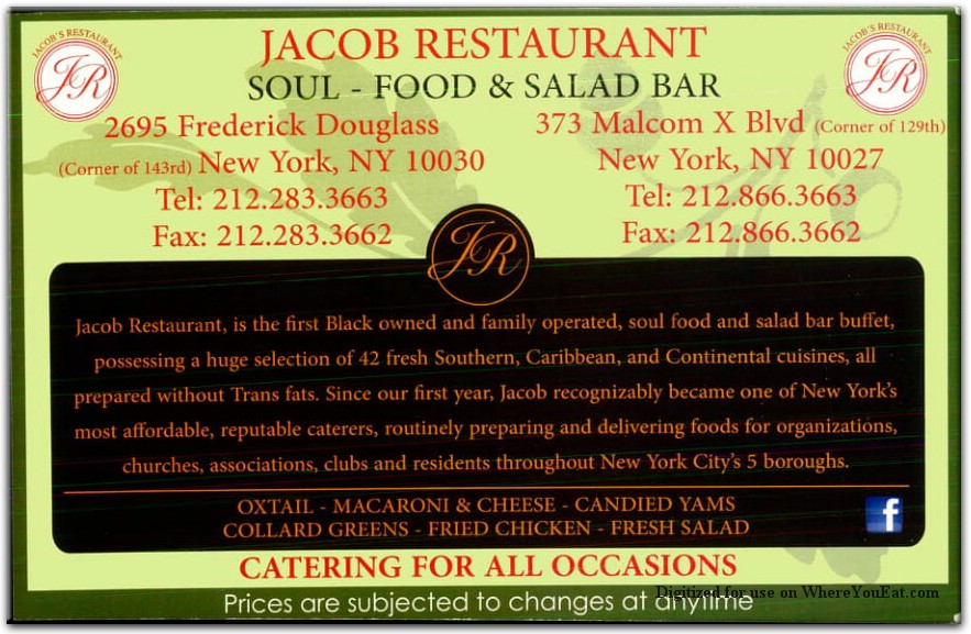 JACOB RESTAURANT Restaurant in New York / Menus & Photos