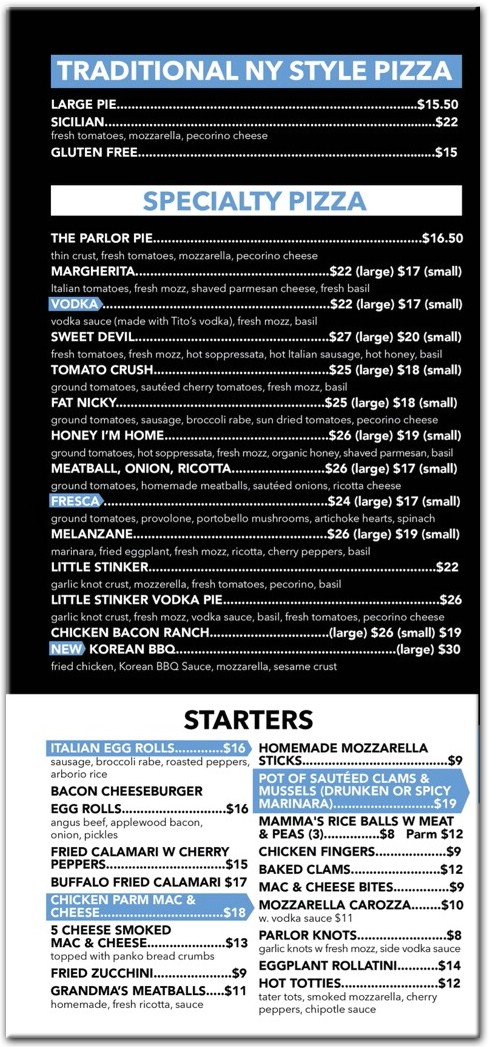 The Pizza Parlor II Restaurant in Staten Island / Official Menus & Photos