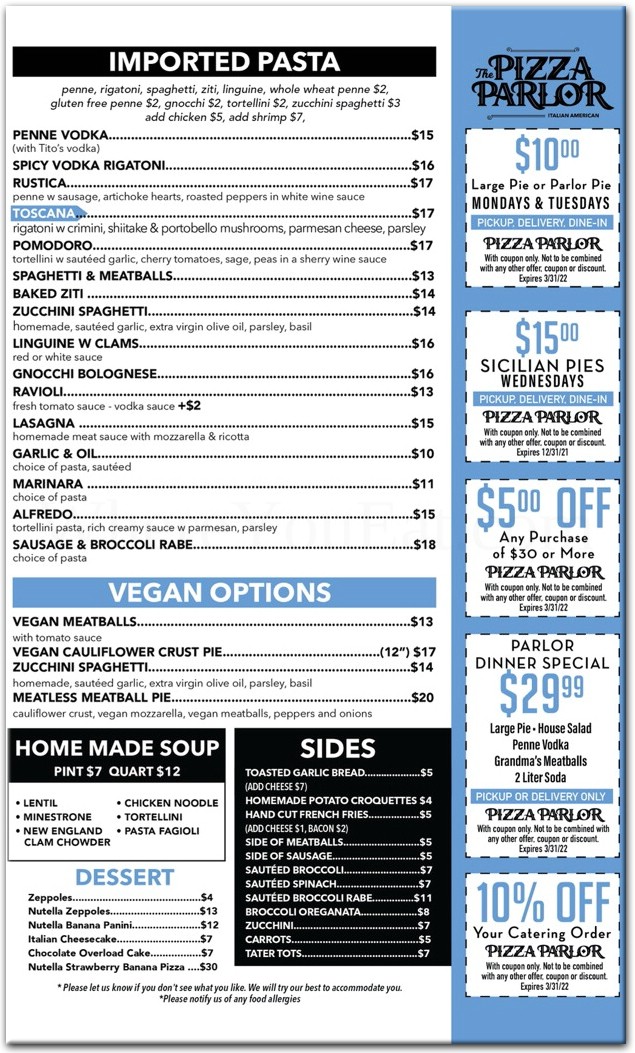 The Pizza Parlor II Restaurant in Staten Island / Official Menus & Photos