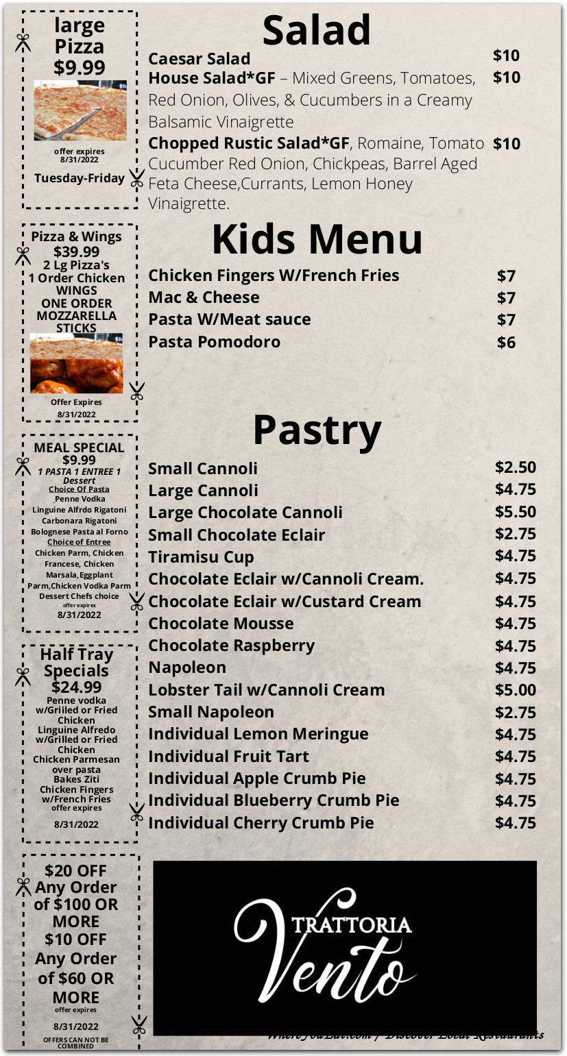 Trattoria Vento Restaurant in Staten Island / Official Menus & Photos