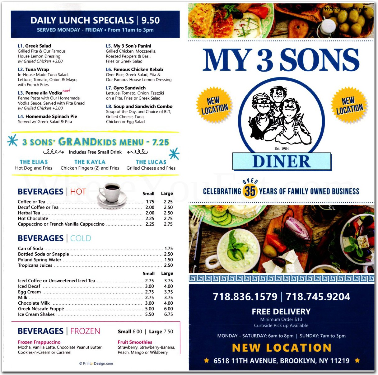My 3 Sons 11th Avenue Restaurant in Brooklyn / Official Menus & Photos