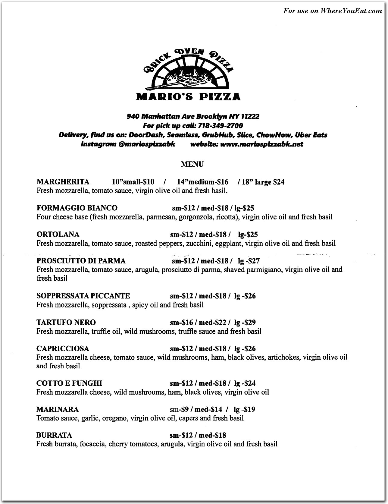 Mario's Pizza Restaurant in Brooklyn / Official Menus & Photos