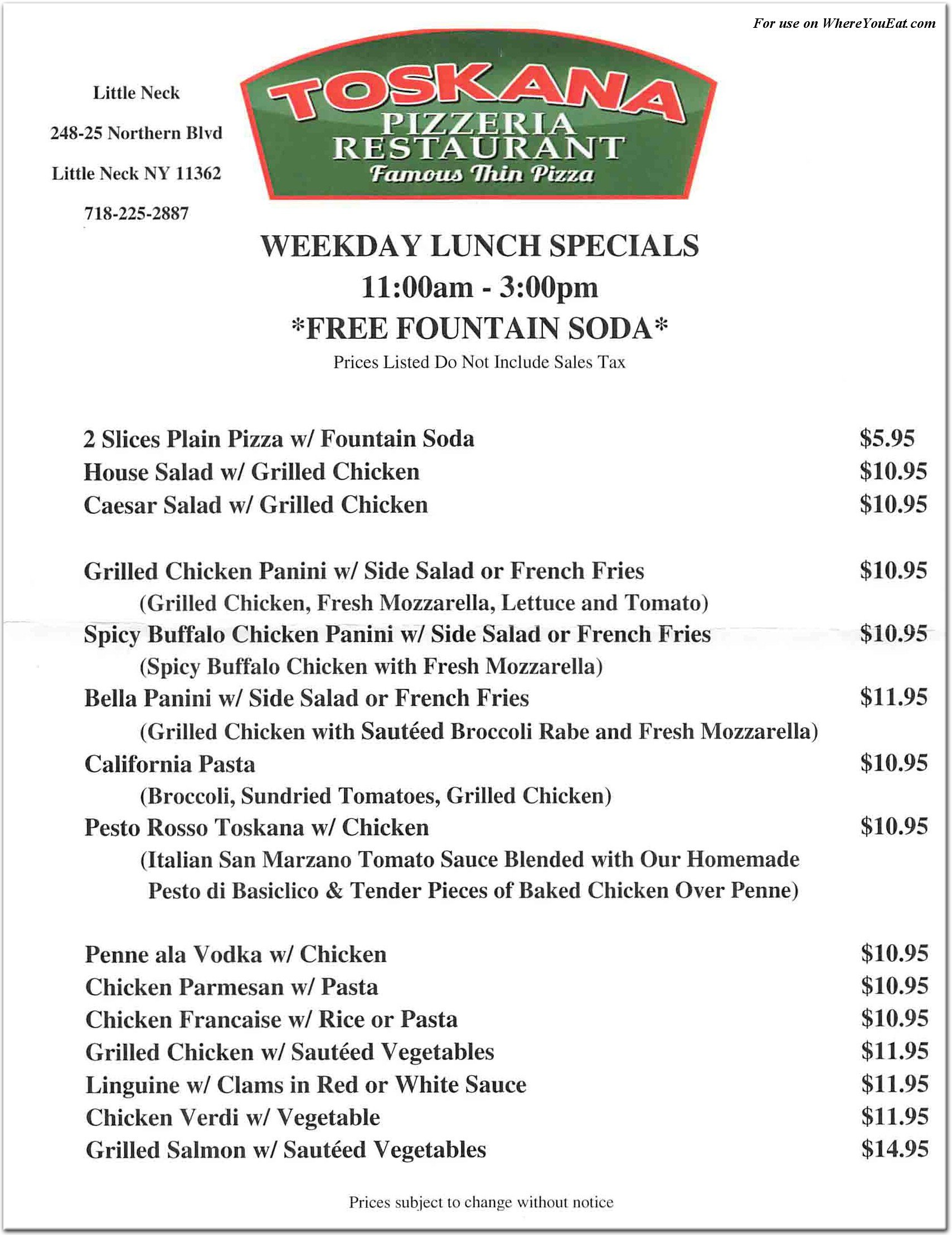 Toskana Pizzeria Weekday Lunch Special Restaurant in Queens / Official ...