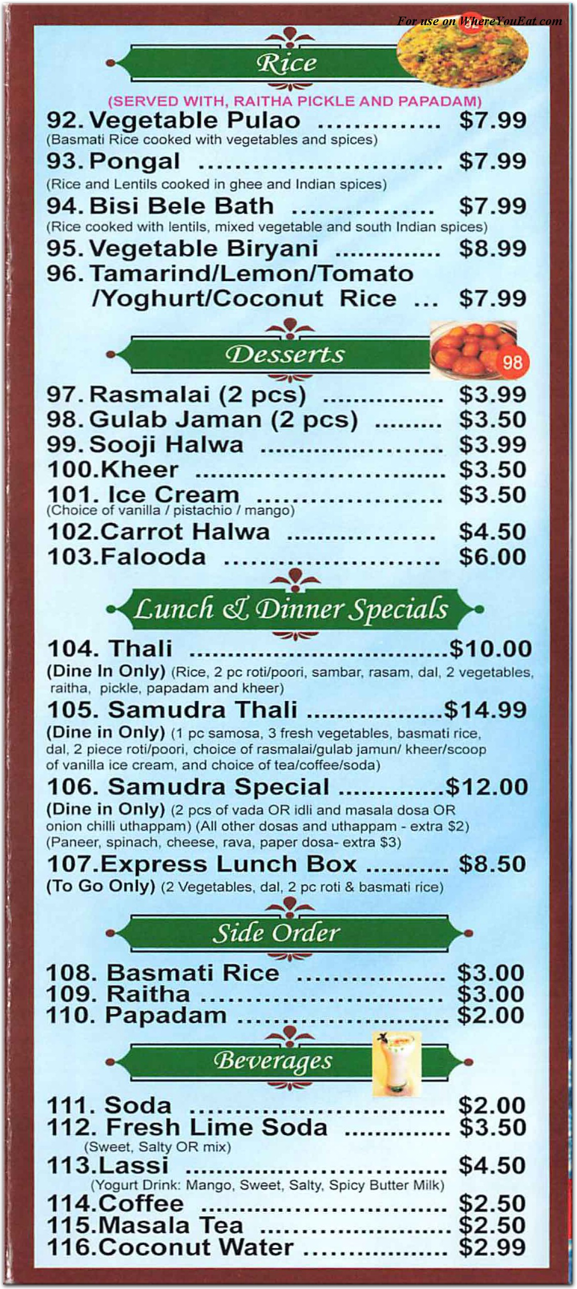 Samudra Restaurant in Queens / Menus & Photos