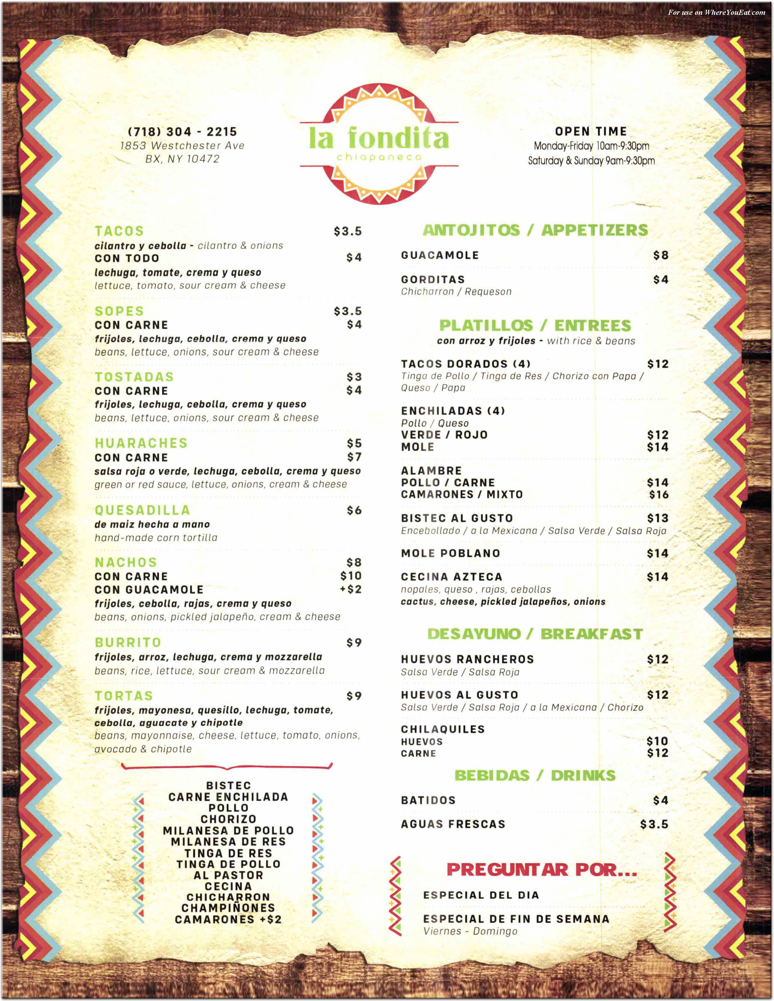 La Fondita Restaurant in The Bronx / Menus & Photos