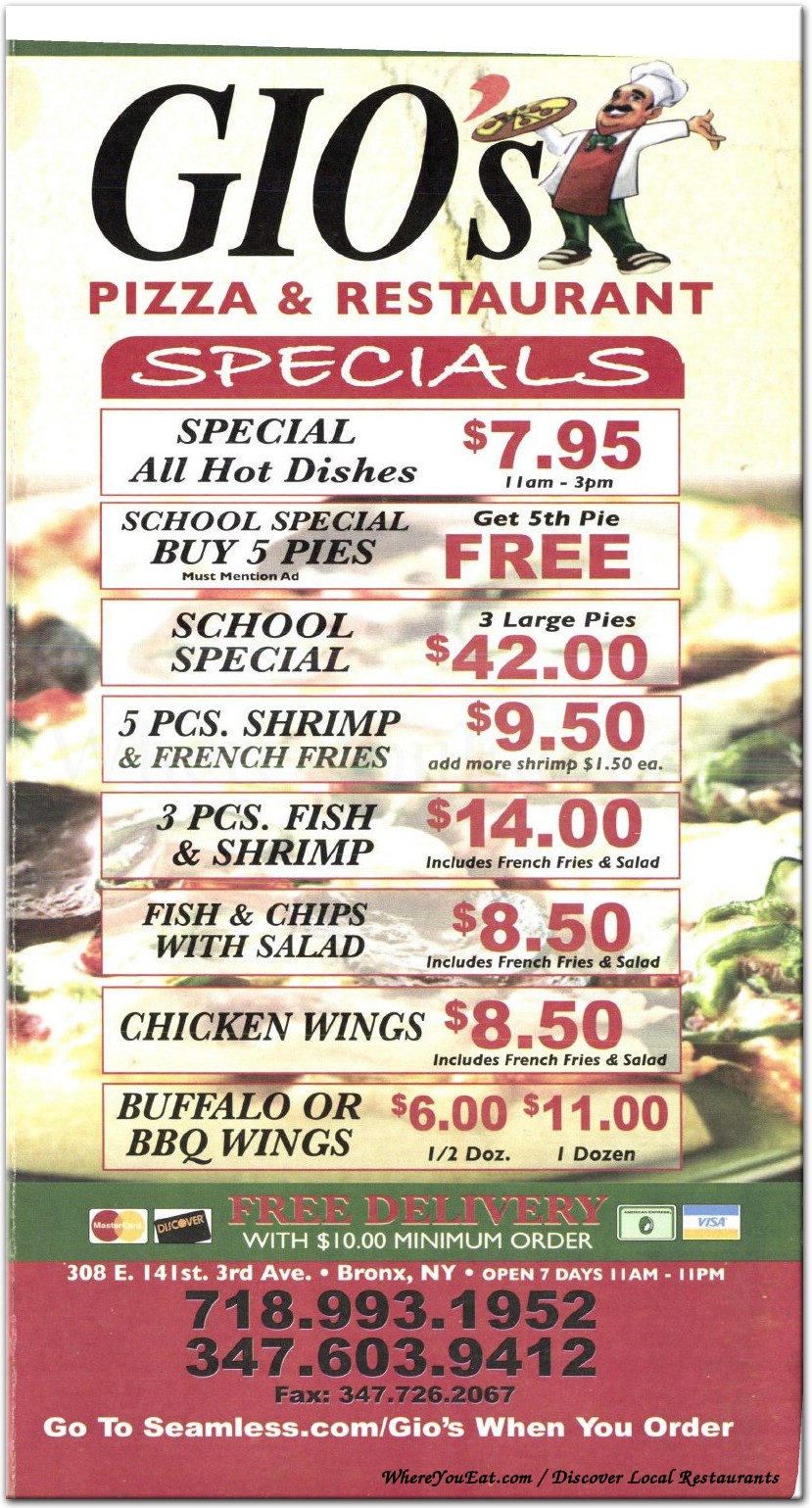 Gio's Pizza Restaurant in The Bronx / Menus & Photos