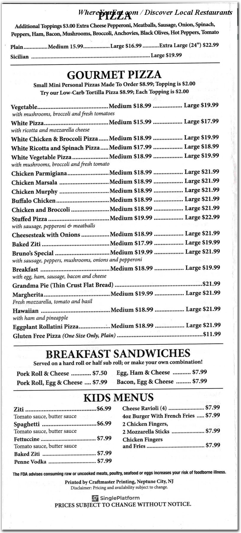 Bruno's Pizza & Subs Restaurant in New Jersey / Menus & Photos