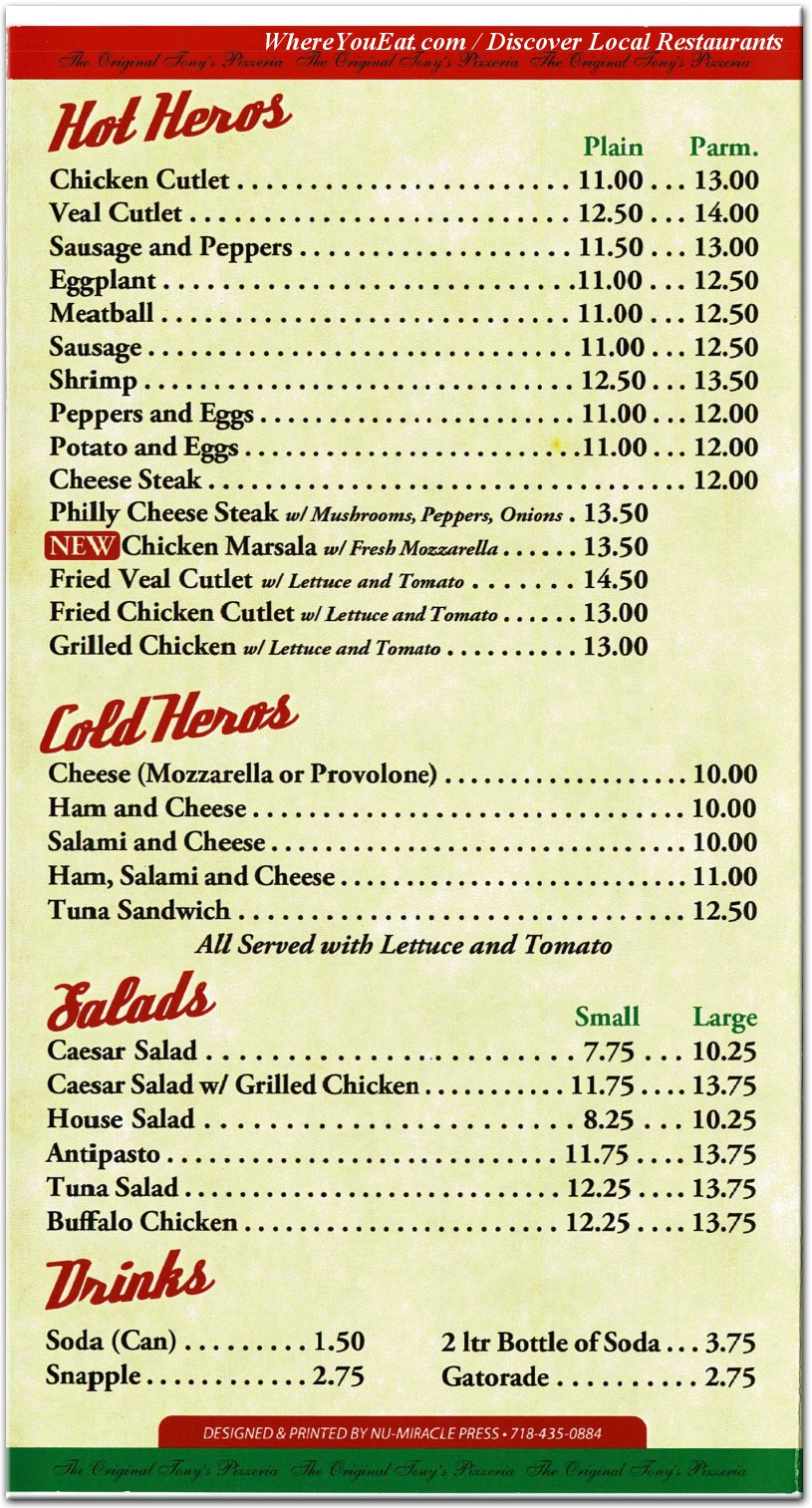 Tony's Pizzeria Restaurant in Brooklyn / Menus & Photos